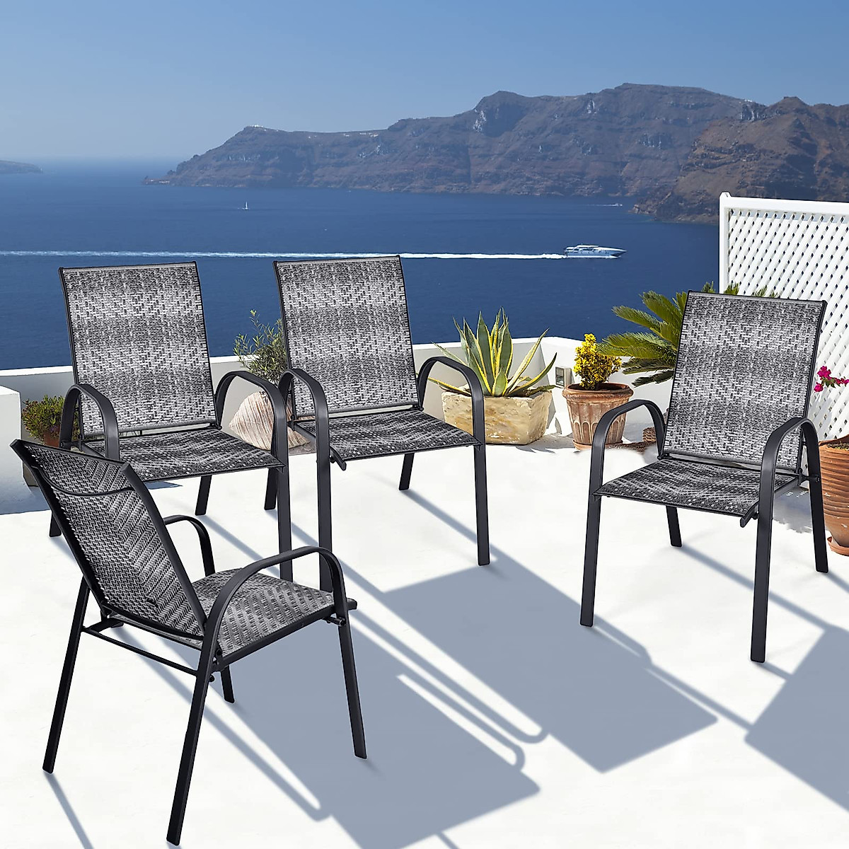 Tangkula Set of 6 Outdoor PE Wicker Stackable Chairs, Patio Dining Chairs with Sturdy Steel Frame, Outdoor Arm Chairs for Garden, Yard, Deck and Lawn (1, Mix Grey)