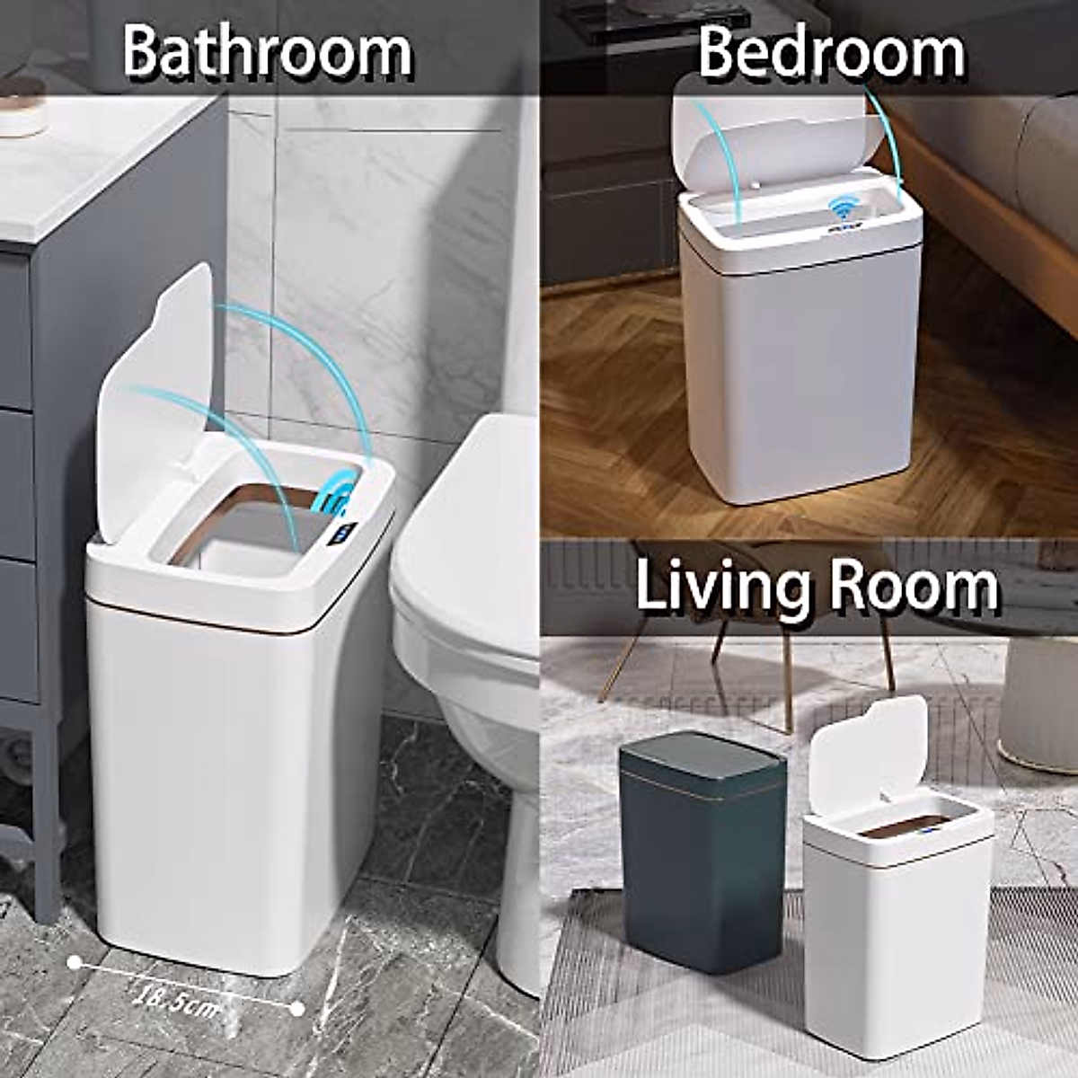 Automatic Trash Can with Lid, 3.5 Gallon Touchless Garbage Can, Slim Plastic Trash Bin Waterproof Motion Sensor Wastebasket for Living Room, Bedroom, Office, Kitchen, Green (No Battery)