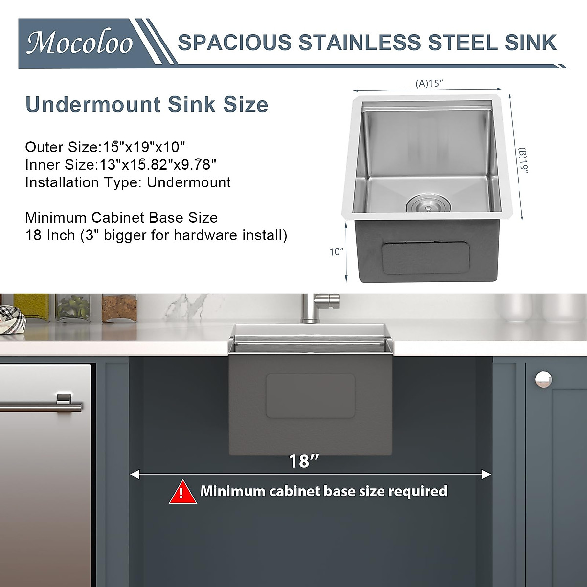 Undermount Bar Sink - Mocoloo 15 x 19 Inch Single Bowl Undermount Kitchen Sink 16 Gauge Stainless Steel Bar Prep Workstation 10" Deep Sinks