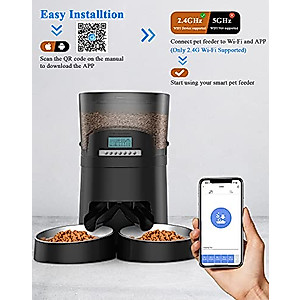 HoneyGuaridan Automatic Cat Feeder for 2 Cats,Wi-Fi Smart Pet Feeder,Timer Cat Food Dispenser for Cats & Dogs, APP Control,Dessicant, Voice Recorder,Stainless Steel Bowl 1-6 Meals a Day (Black)