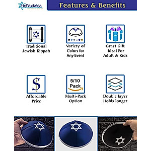 HolYudaica Pack of 10-Pcs Hq 20cm Satin Kippah with Silver/Gold String+Star of David for Men & Boys, Yamaka Hat from Israel, Kippot Bulk (Blue Silver)