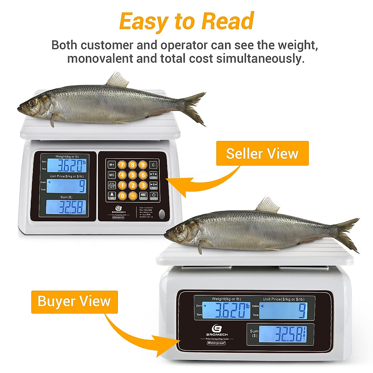BROMECH Food Scale, Price Computing Scale, IPX7 Waterproof, 66lbs Capacity, White Backlight LCD, Rechargeable Commercial Meat Produce Weight Scale for Farmers Market and Seafood