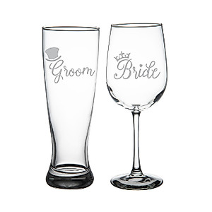 C & M Personal Gifts Wine Glasses (Set of 2) Bride and Groom with Top Hat and Crown Engraved Wedding Glass Set
