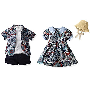 xirubaby Baby Girl Boy Brother and Sister Matching Outfits Floral Printed Dress +Shorts Easter Sets(navy-girl,110/4T)