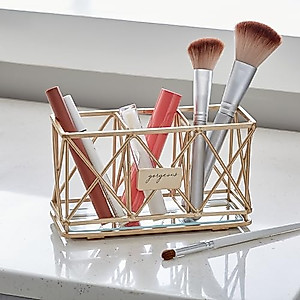 Home Details 3 Compartment Cosmetic Brush Holder | Make Up Pencil | Vanity Organizer | Bathroom | Dresser | Office | Mirror Base | Rose Gold