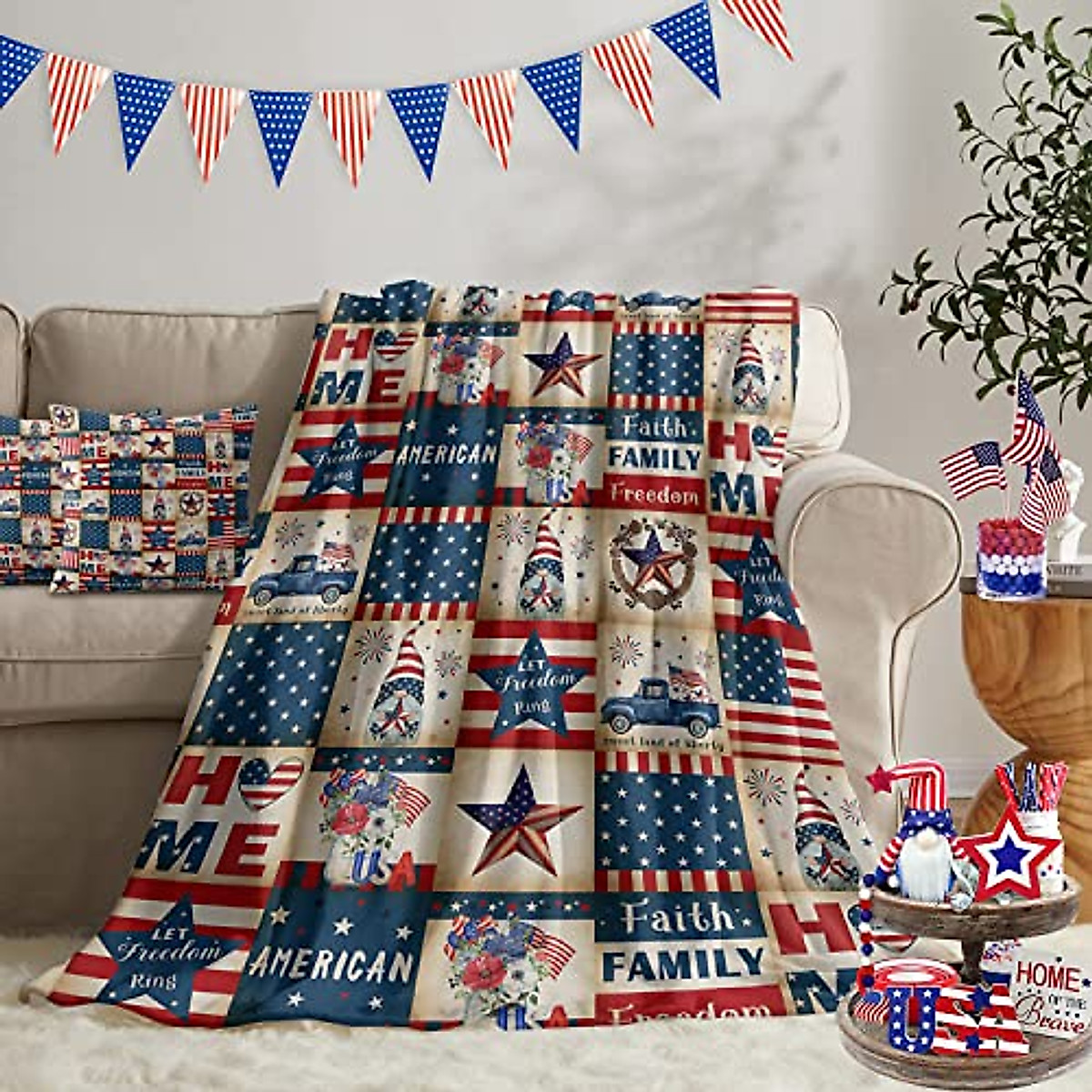 Patriotic Gnome Blanket USA Flag Throw Blankets Retro Plaid Soft Flannel Fleece Comfort Blanket, Check American Theme 4th of July Cozy Warm Bed Cover for Sofa Couch Chair 40x50In