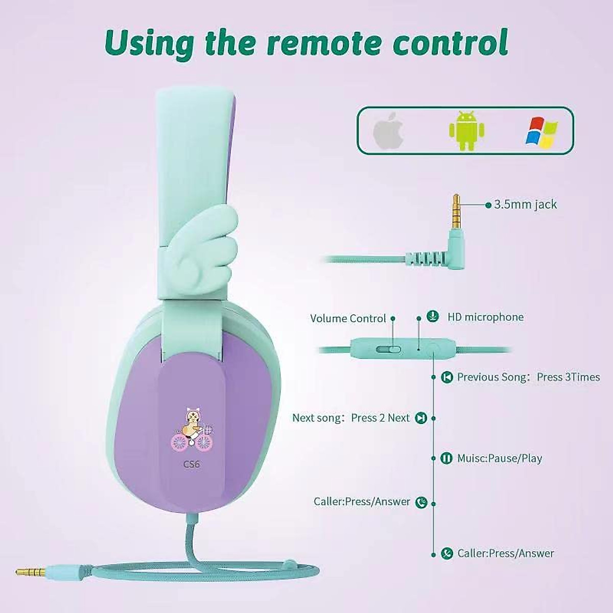 Riwbox Kids Headphones Wired,CS6 Stereo Sound Foldable Headphones for Kids Over Ear Toddler Headphones with Mic and Volume Control Compatible for Smartphones, PC and Tablets (Purple&Green)