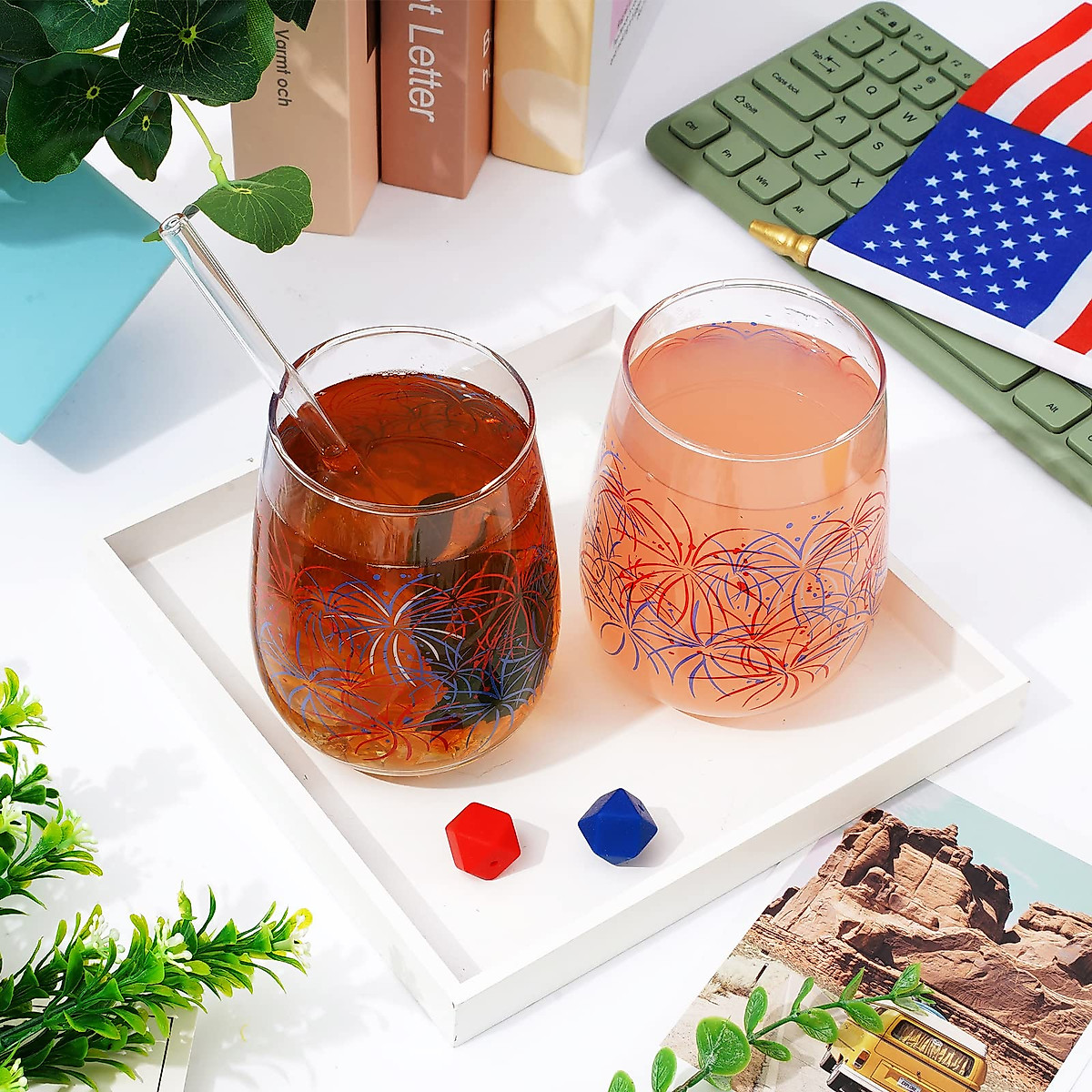 Whaline 2Pcs Patriotic Stemless Wine Glasses 17oz Red Blue Firework Drinking Glasses Firework Tumbler Cups Independence Day Party Cups for Celebration 4th of July Party Supplies Kitchen Decor Gifts