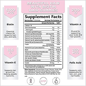 Hello Lovely! Hair Vitamins Gummies with Biotin 5000 mcg Vitamin E & C Support Hair Growth, Premium Vegetarian Non-GMO, for Stronger Beautiful Hair & Nails, Biotin Gummies Supplement - 60 Gummy Bears