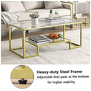 Alohappy Glass Coffee Table Modern Rectangular Coffee Table with 2-Tier Storage Shelf and Sturdy Metal Frame Center Table Easy Assembly for Living Room