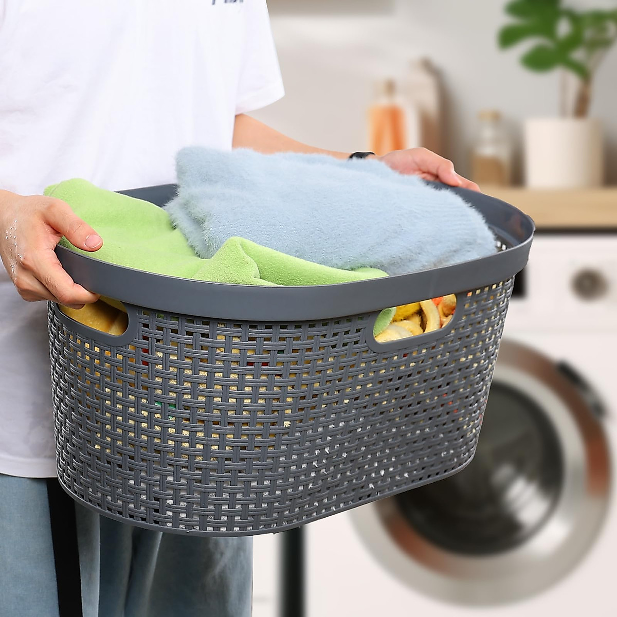 Dehouse 40 L Large Plastic Laundry Basket with Handles, 4 Pack Plastic Clothes Laundry Basket, 22.44" L x 14.96" W x 10.31" H, Gray