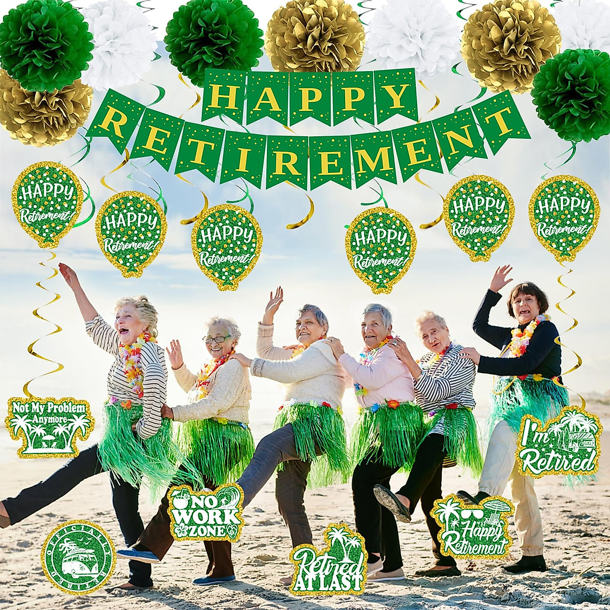 Retirement Decorations Green Gold Beach Theme Happy Retirement Party Decorations Men Women Happy Retirement Banner Gifts, Retirement Decor Double-Sided Pattern Card, Pompoms Hanging Swirl Retired Sash