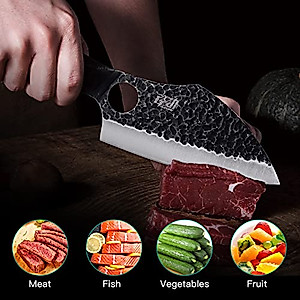 FINDKING Dark Moon Series Meat Cleaver with Leather Sheath, Multipurpose Small Slicing Knife, 5Cr15 Stainless Blade, 304 Steel Handle, for Home, Kitchen, Outdoor, Camping, BBQ, 6 Inch, Black