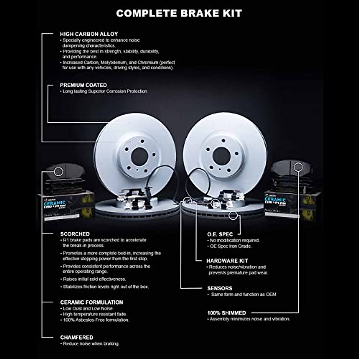 R1 Concepts Front Rear Brakes and Rotors Kit |Front Rear Brake pads| Brake Rotors and Pads| Euro Ceramic Brake Pads and Rotors |Hardware Kit |Sensor|fits 2018-2020 Audi S4, S5, S5 Sportback