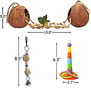 kathson Bird Hides Coconut Nest with Ladder Perches Hanging Parrot House Cage Natural Coconut Fiber Parakeet Chewing Toys Intelligence Training Rings for Small Budgies Cockatiels 5PCS