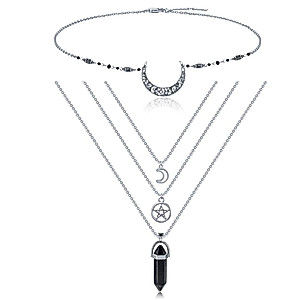 MJartoria Moon Pentagram Necklace with Headwear Pentacle Crystal Chakra Pendant Layered Necklaces for Women Choker Necklace Gothic Jewelry Goth Accessories (Dark Blue, Moon Pentagram)