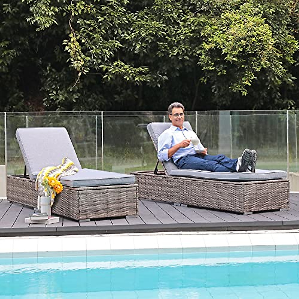 Patiorama Outdoor Patio Chaise Lounge Chair, Elegant Reclining Adjustable Pool Rattan Chaise Lounge Chair with Cushion, Grey PE Wicker, Steel Frame,Light Grey, Set of 2