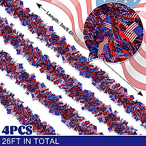 Whaline 4Pcs 26Ft 4th of July Tinsel Garland Patriotic Red Blue Tinsel Twist with American Flag Metallic Tinsel Hanging Ornament for Independence Day Memorial Day Home Party Decoration