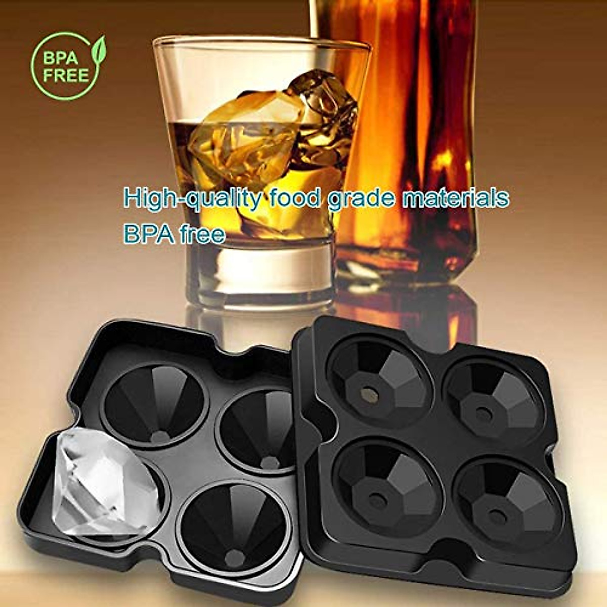 Diamond Ice Cube Molds - Large Diamonds Shaped Clear Ice Cubes Mold Silicone Tray Maker Big Size 2 inch Diamond Shape with Lid BPA Free for Cocktails and Freezer Whiskey (1 Pack 4Holes)