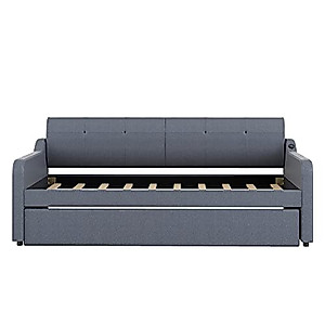 Harper & Bright Designs Twin Size Upholstery Daybed with Adjustable Trundle and USB Charging Design, Wooden Twin Daybed with Pop Up Trundle, No Spring Box Needed, Gray