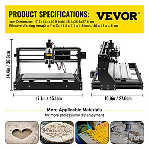 VEVOR CNC 3018-PRO Router Kit GRBL Control 3 Axis Plastic Acrylic PCB PVC Wood Carving Milling Engraving Machine, XYZ Working Area 300x180x45mm