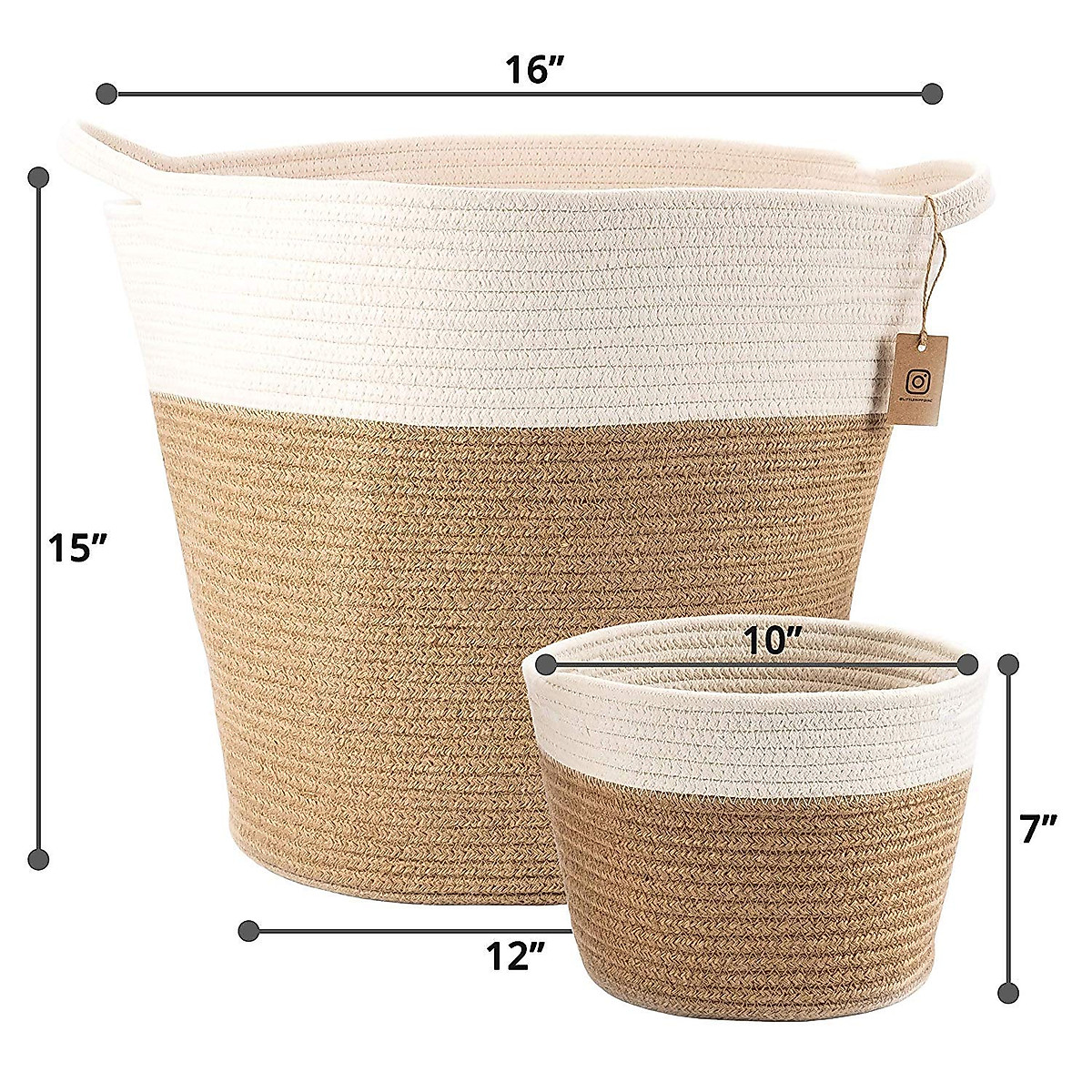 Little Hippo 2pc Large Cotton Rope Basket, White (16"x15") 100% Natural Cotton! Laundry Basket, Woven Storage Basket, Blanket Basket Living Room, Toy Storage Basket, Pillow Basket, Round Basket