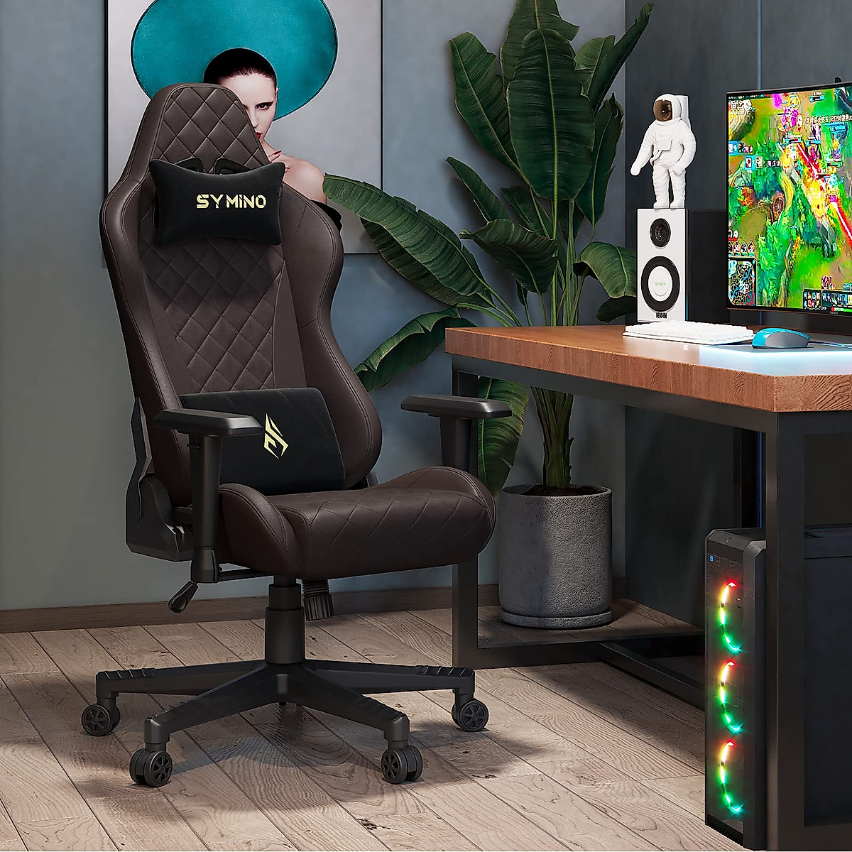 symino Gaming Chair Ergonomic PC Chair Racing Style Computer Chair with 3D Armrest, Vintage Style PU Leather Office Chair(Brown)