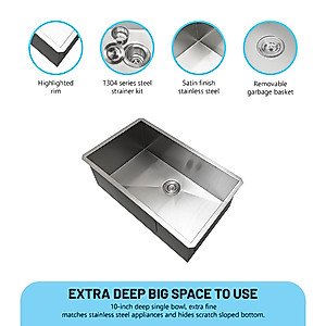 KABCO 28 Inch Single Bowl Stainless Steel Handmade Kitchen Sink with Sink Strainer, Sink Grid, a Rolling Up Grid, and Bamboo Cutting Board, Rust Resistant Sound, and Heatproof 16 Gauge Undermount Sink