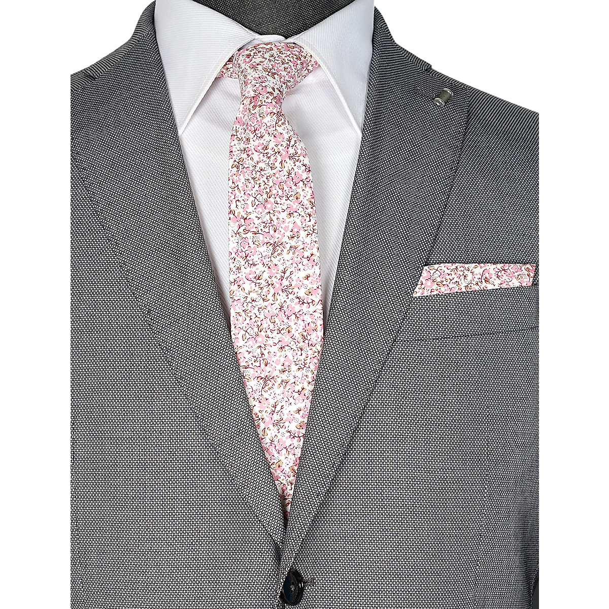 ZENXUS Mens Cotton Skinny Pink Floral Tie Combo Set with Pocket Square Pink Daisy