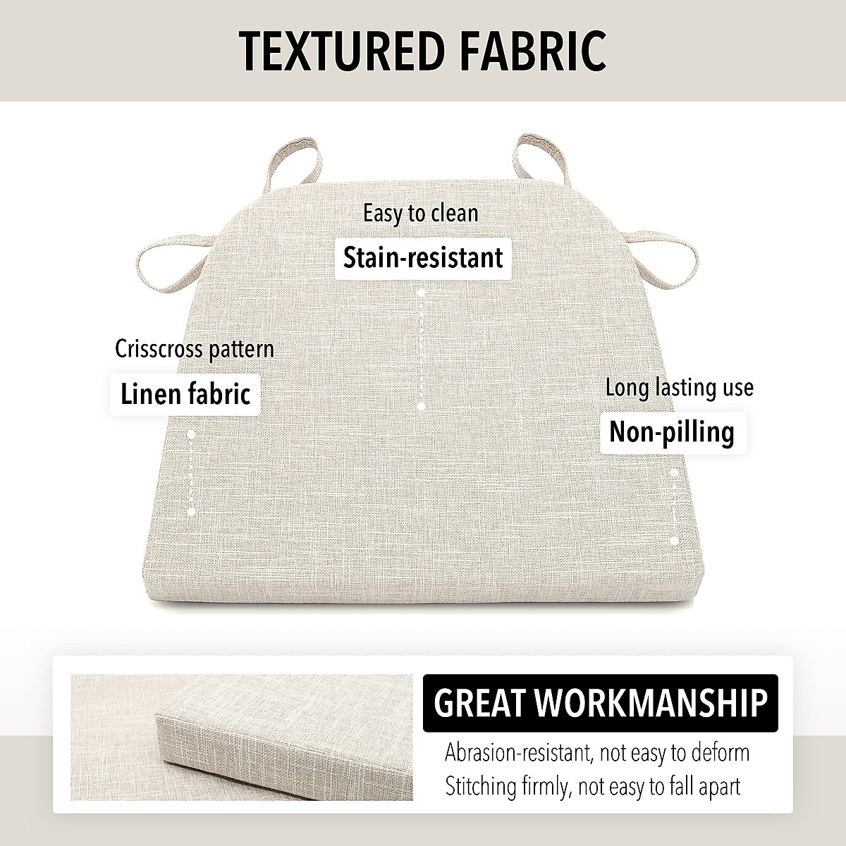 Tromlycs Chair Pads with Ties for Dining Room Chairs Set of 4 High Density Foam Padded Cushion Non Slip U Shaped Kitchen Seat 16x16.5 inch White Beige