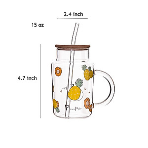 Sizikato Clear Glass Mug with Lid and Straw, 15 Oz Drinking Glass Juice Cup, Cute Pineapple Pattern