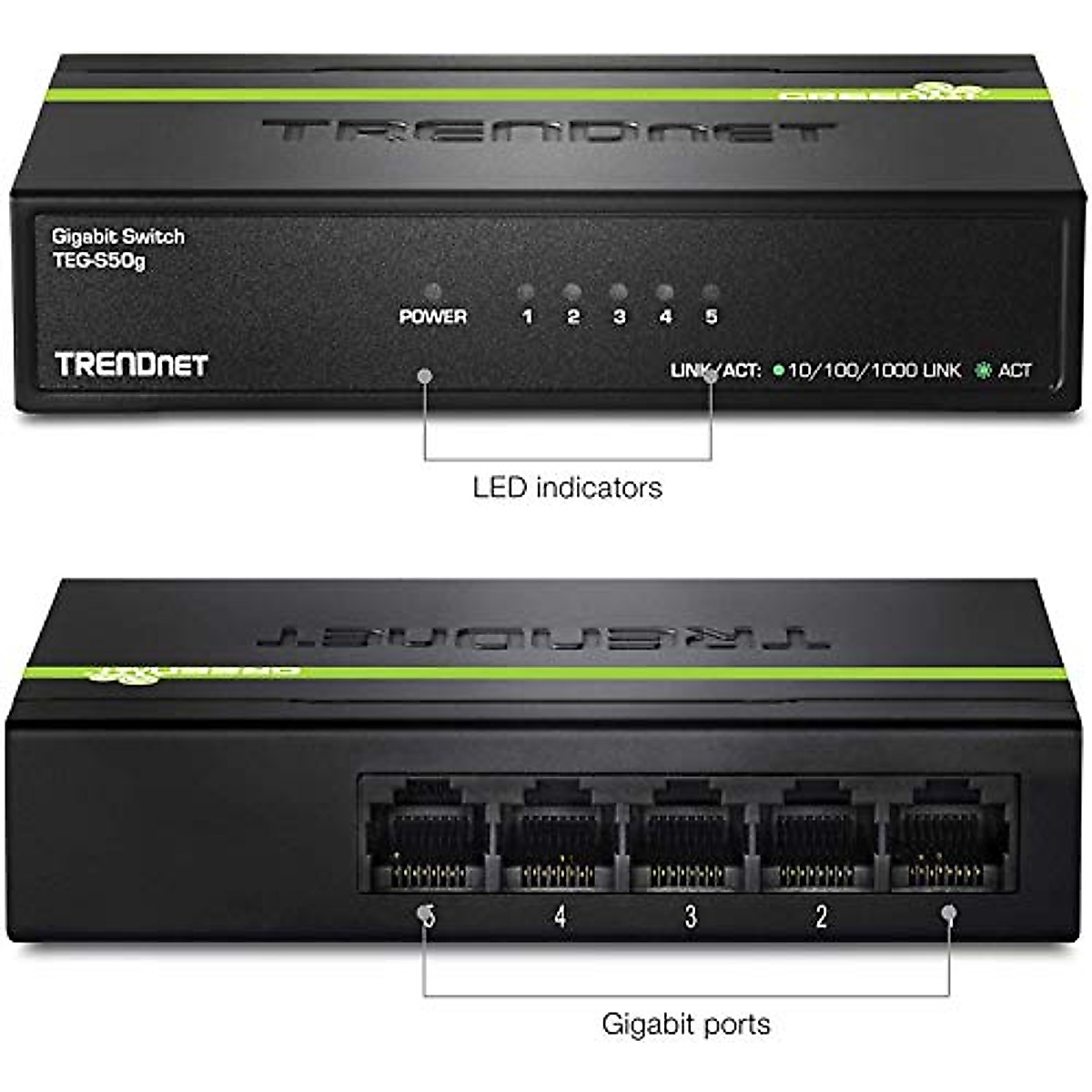 TRENDnet 5-Port Mini Gigabit Switch, TEG-S50g, GREENnet Technology, NDAA + TAA Compliant, Desktop Metal Ethernet Network Switch, 5 x Gigabit Ports, Fanless, Lifetime Protection, Black