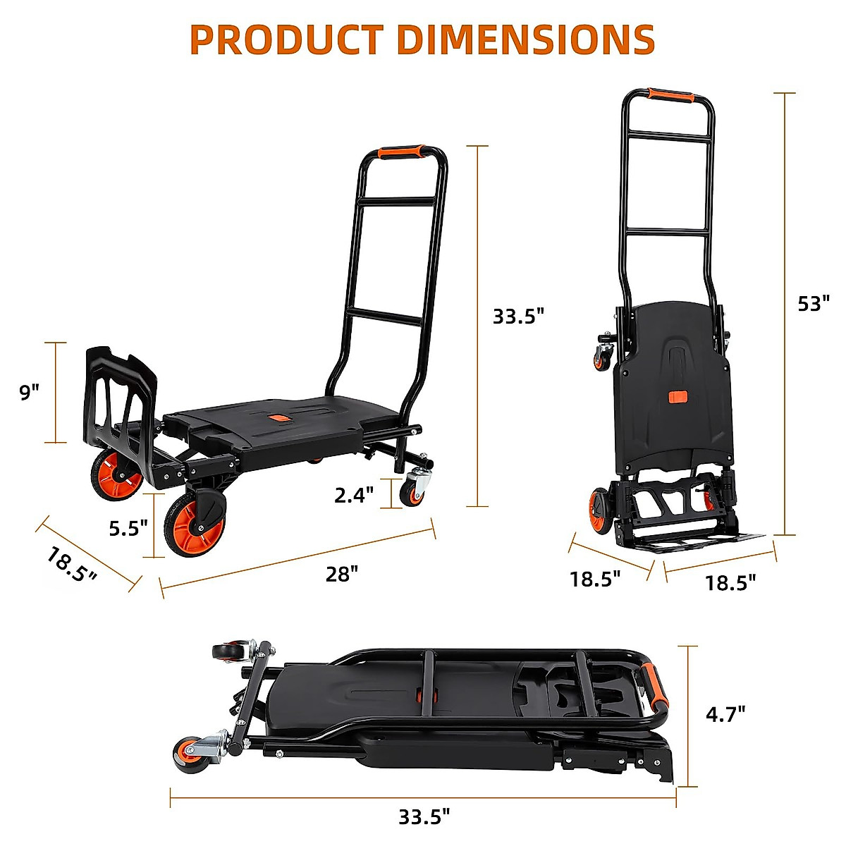 Folding Hand Truck, 330 Lbs Capacity Heavy Duty Dolly Cart, 2 in 1 Convertible Hand Cart with 4 Wheels and 2 Elastic Ropes, Collapsible Platform Cart for Moving, Luggage, Travel, Shopping, Warehouse