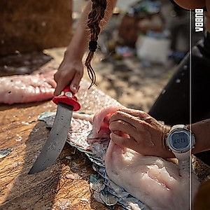 Bubba 9 Inch Stiff Fillet Knife with Non-Slip Grip Handle, Full Tang Beveled Sushi Style Stainless Steel Non-Stick Thick Blade, Lanyard Hole and Synthetic Sheath for Fishing, Hunting and Cooking