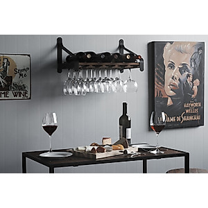 Rustic State Wall Mounted Wood Floating Wine Rack with Glassware Holder Stemware Shelf Storage Organizer for 5 Bottles and up to 15 Glasses - Home, Kitchen, Dining Room Bar Décor - Walnut