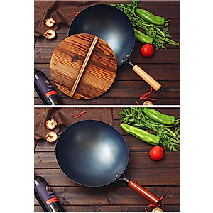 SERENITA Chinese 100% Hand Hammered Iron Woks Stir Fry Pans, Non-stick, No Coating, Less Oil, 30CM, Black Seasoned Wooden handle
