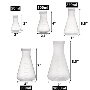 Peohud Set of 10 Scientific Plastic Erlenmeyer Flasks, Narrow Mouth Erlenmeyer with Screw Caps, Lab Erlenmeyer Flask with Molded Graduations(50ml, 100ml, 250ml, 500ml, 1L)