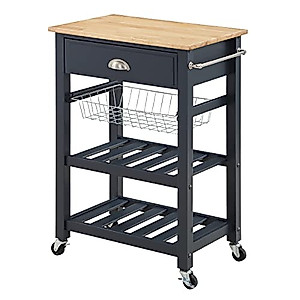 OS Home and Office Furniture Model HMPNW-70 Hampton Kitchen Cart in Blue with Solid Rubberwood Top