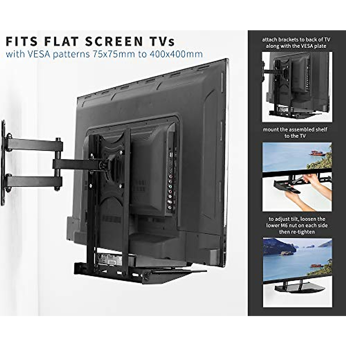 VIVO Under Above VESA Back of TV Wall Mount Shelving Bracket with Tilt, DVD Player, Cable Box, Stereo, and AV Component Glass Storage Shelf, Black, MOUNT-SF04R