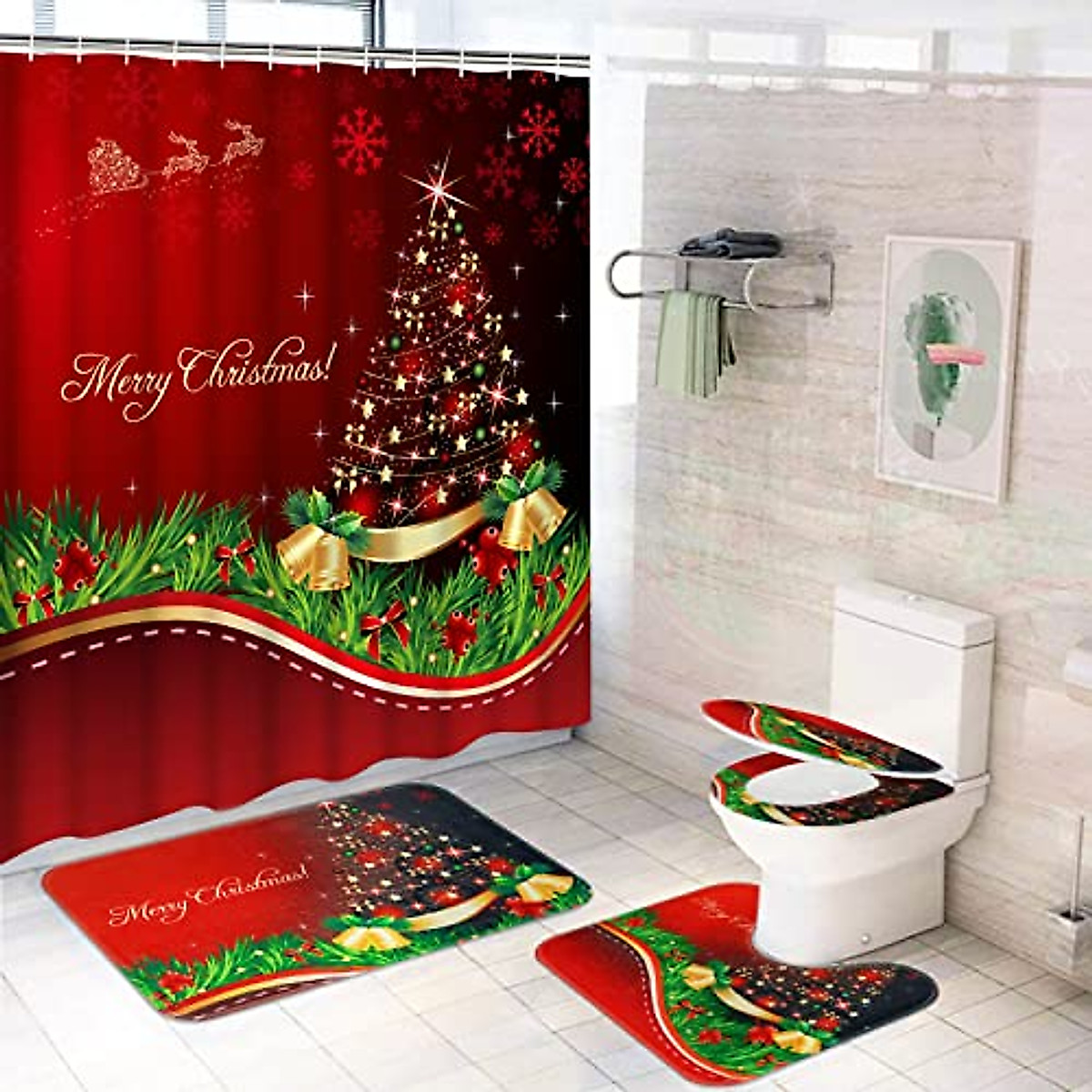 Claswcalor 5 Pcs Merry Christmas Shower Curtain Sets with Rugs, Toilet Lid Cover, Bath Mat and Toilet Seat Cover, Waterproof Xmas Christmas Tree Shower Curtains for Bathroom with 12 Hooks, Red