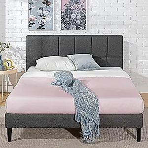 ZINUS Lottie Upholstered Platform Bed Frame with Short Headboard and USB Ports / Mattress Foundation / Wood Slat Support / No Box Spring Needed / Easy Assembly, Grey, Queen