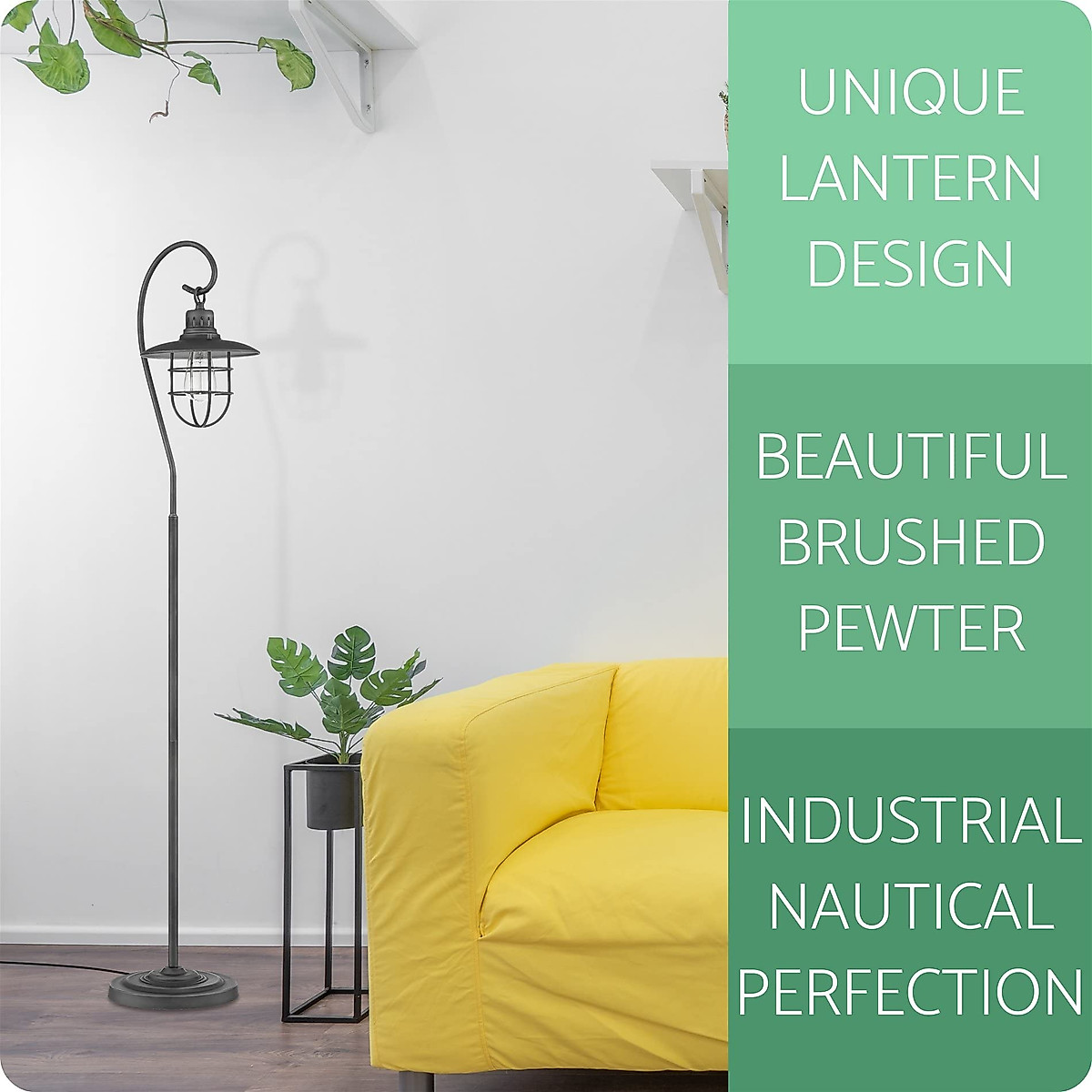 Kira Home Lantern 58" Industrial Nautical Floor Lamp + 6W Bulb (Energy Efficient / Eco-Friendly), Hanging Shade Design + Cage, Brushed Pewter Finish