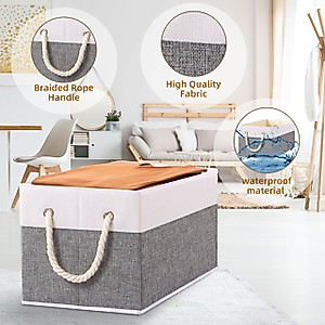 Yawinhe Foldable Storage Basket 1-Pack, Large Fabric Storage Bins with Rope Handle, Used for Organizing Shelves, Closets, Clothes Storage Box, 12.99''Lx9.05''Wx7.87''H, White/Grey