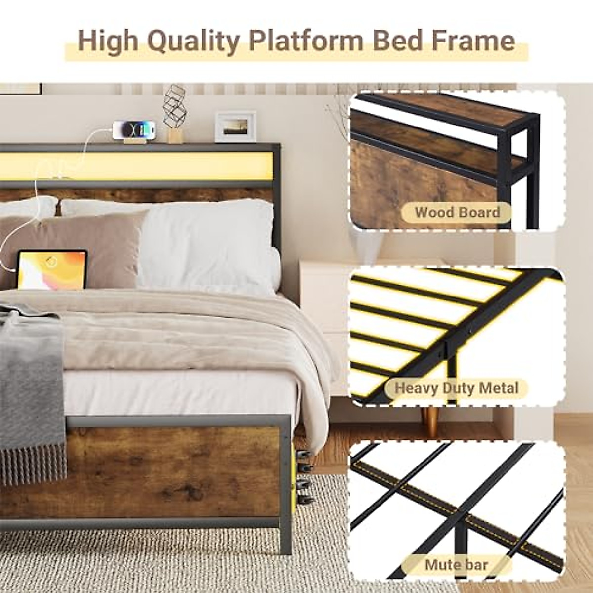 Zevemomo Queen Size Bed Frame with Storage Headboard, Metal Platform Bed Frame with RGB LED Lights & USB Ports, Heavy Duty Metal Slats Support No Box Spring Needed