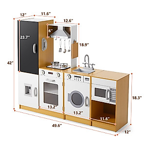 JOYLDIAS Kids Play Kitchen Set, Wooden Free Combination & Movable Pretend Toddler Kitchen Toy with Real Sound and Light, Ice Maker, Oven,Washer,Blackboard and Cookware Accessories for Age 3+ Toddlers