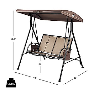 Tangkula 2-Person Patio Swing, Outdoor Porch Swing with Adjustable Canopy & 2 Storage Pocket, Powder-Coated Steel Frame Canopy Swing with Armrest for Garden, Balcony, Backyard