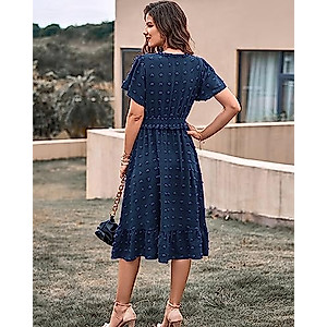 BTFBM Women's Summer Elegant Short Sleeve V Neck Swiss Dot Midi Dresses Cute Boho High Waist Long Dresses A-Line Ruffle Dress（Solid Navy,Large