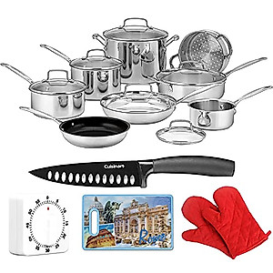 Cuisinart 77-14N Chef's Classic Stainless 14-Piece Set Stainless Steel Bundle with Classic Nonstick Edge 6 inch Chef's Knife Black, Cutting Board, Pair of Oven Mitts and Mechanical Kitchen Timer