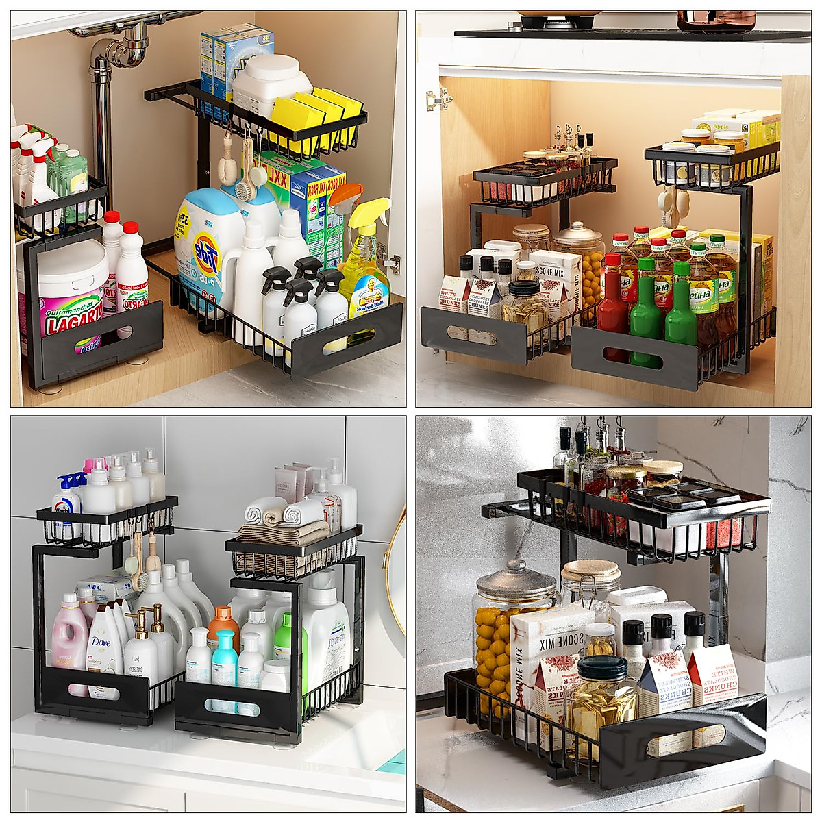 ADBIU Under Sink Organizer(10 Seconds Installation), 2 Packs 2 Tier Expandable Height (11" - 16") Under-Sink Organizers Slide out Pull out Bathroom Kitchen Organizers And Storage