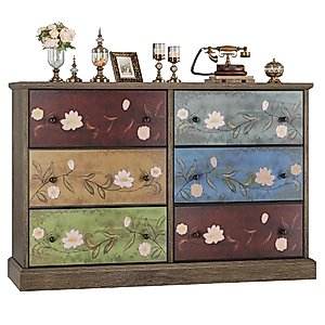 finetones 47.5’’ Wide Dressers & Chests of Drawers, 6 Drawer Dresser Boho Dresser TV Stand, Wood Dresser Vintage Dresser Chest of Drawers for Home, 47.5W x 16.7D x 31.9H Inch